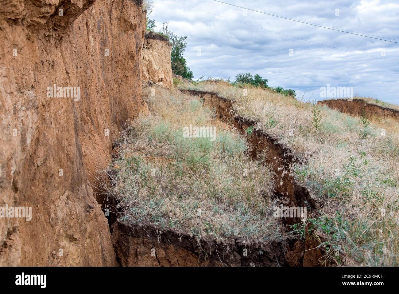 landslide with cracks in the ground, the fracture earth sank down ...