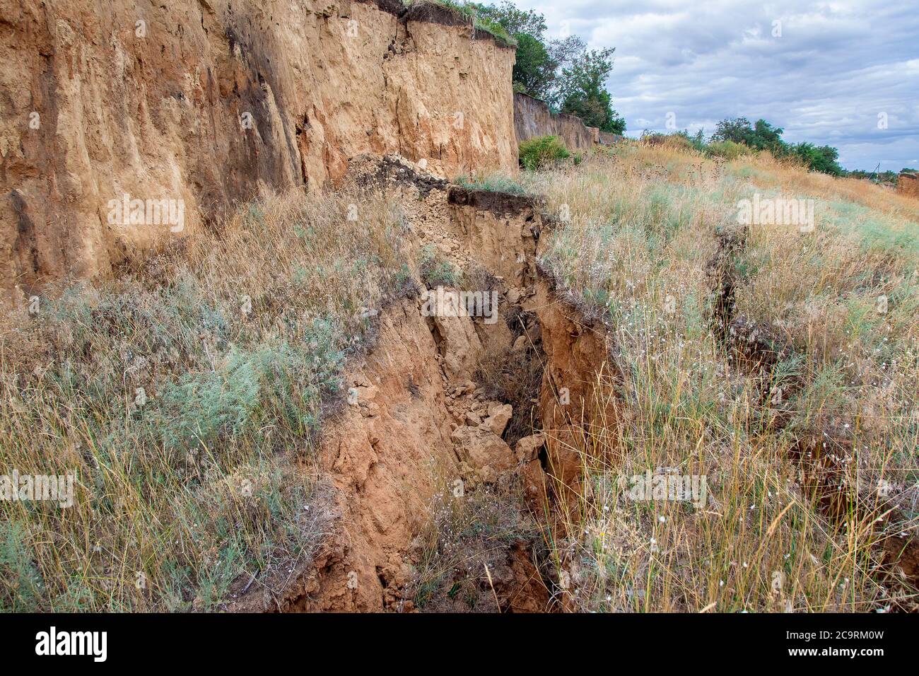 landslide with cracks in the ground, the fracture earth sank down ...