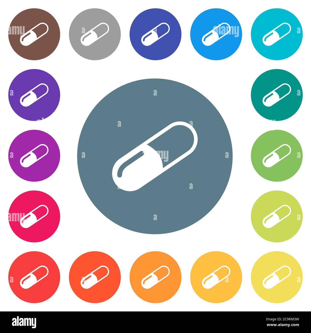 Pill flat white icons on round color backgrounds. 17 background color ...