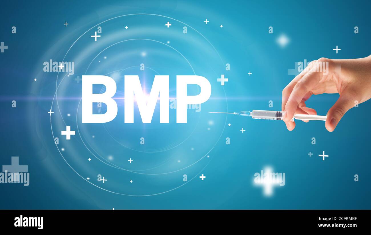 Syringe needle with virus vaccine and BMP abbreviation, antidote ...