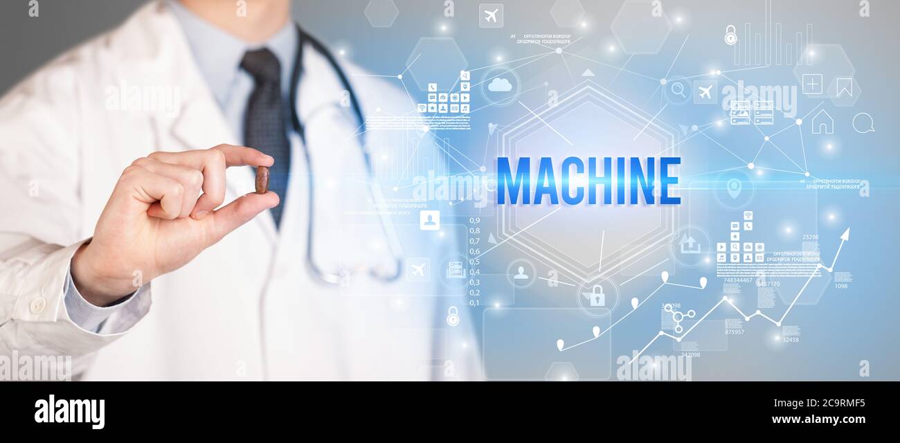 Doctor giving a pill with MACHINE inscription, new technology solution ...