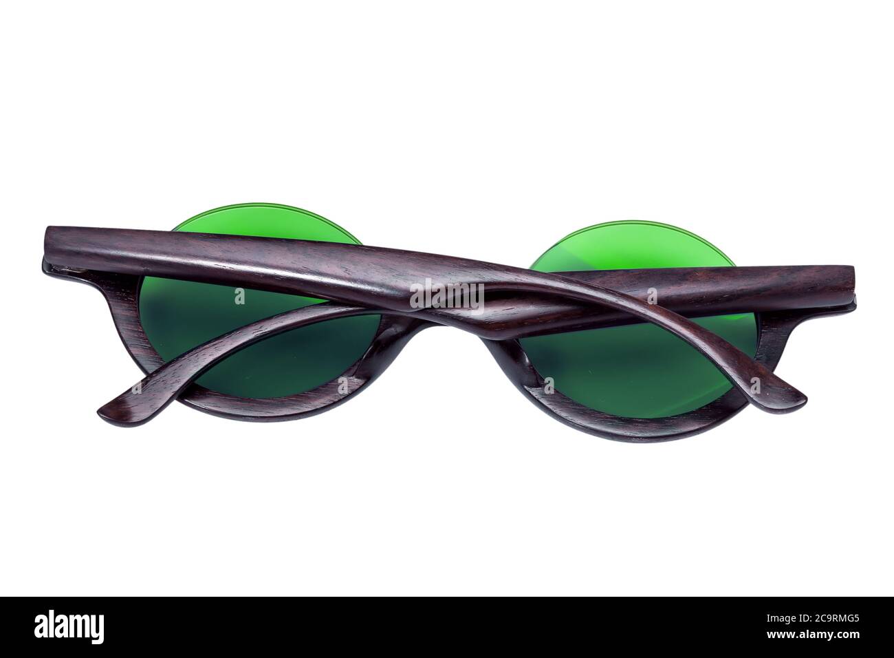 Sunglasses with wooden rim and round green glass rear view, isolated ...