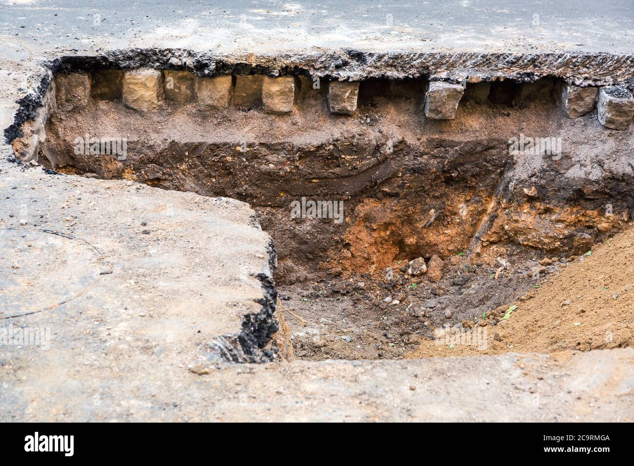 The road repair and caution with blocked barrier over concrete digging ...