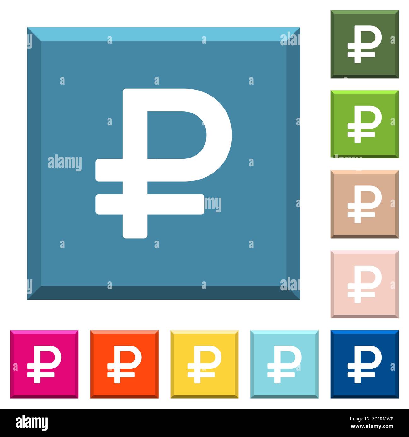 Ruble sign white icons on edged square buttons in various trendy colors ...