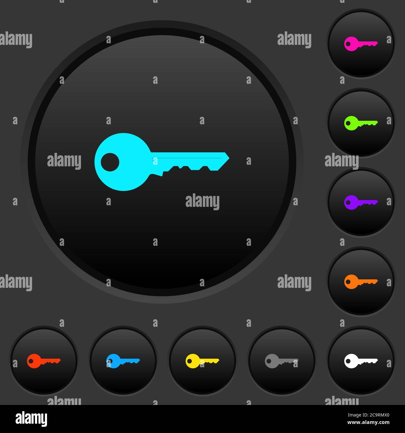 Safety key dark push buttons with vivid color icons on dark grey ...