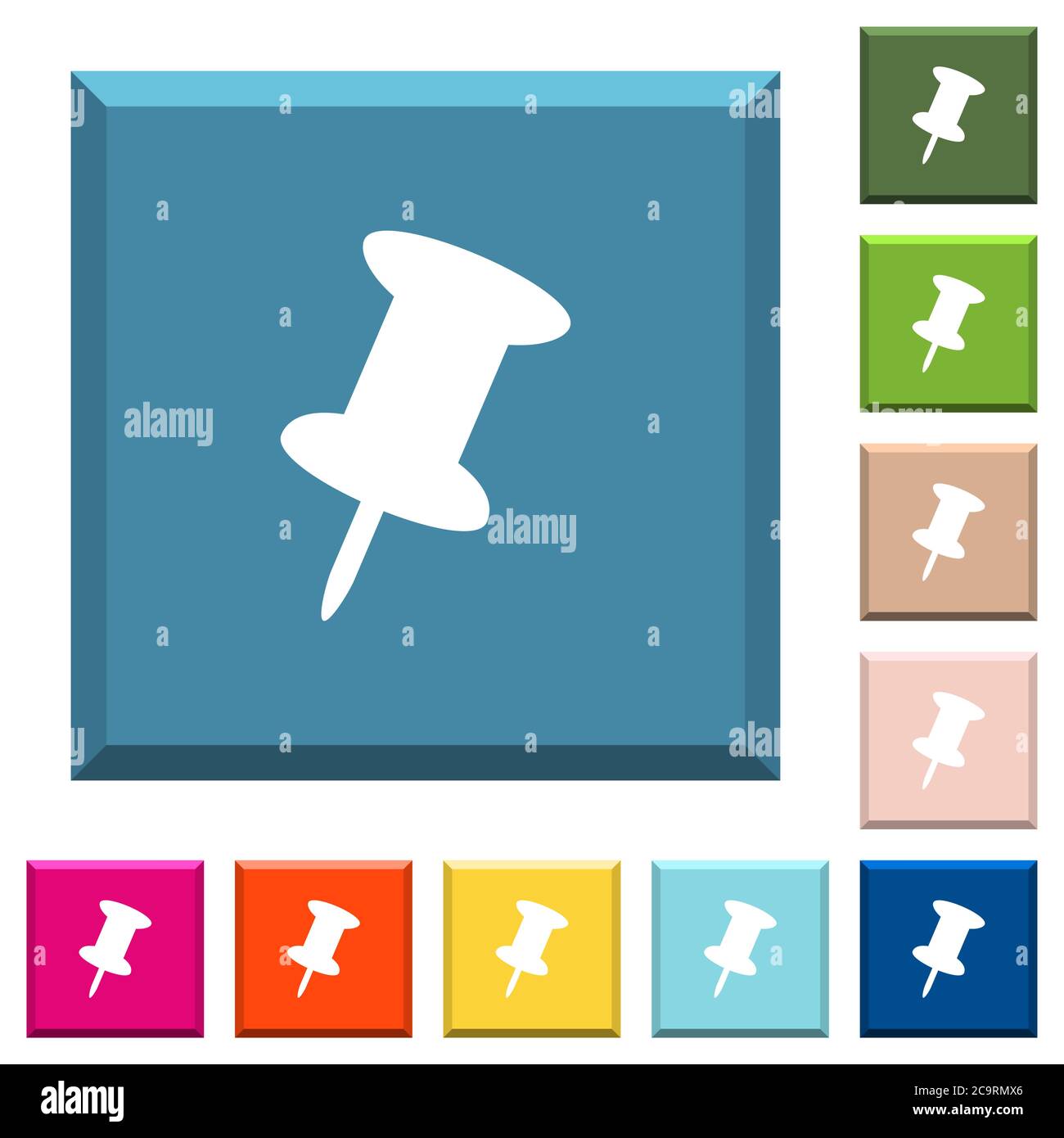 Push pin white icons on edged square buttons in various trendy colors ...