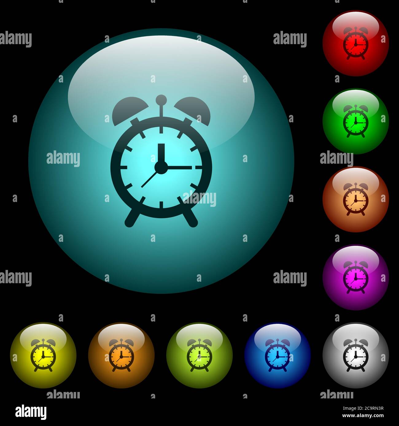 Alarm clock icons in color illuminated spherical glass buttons on black ...