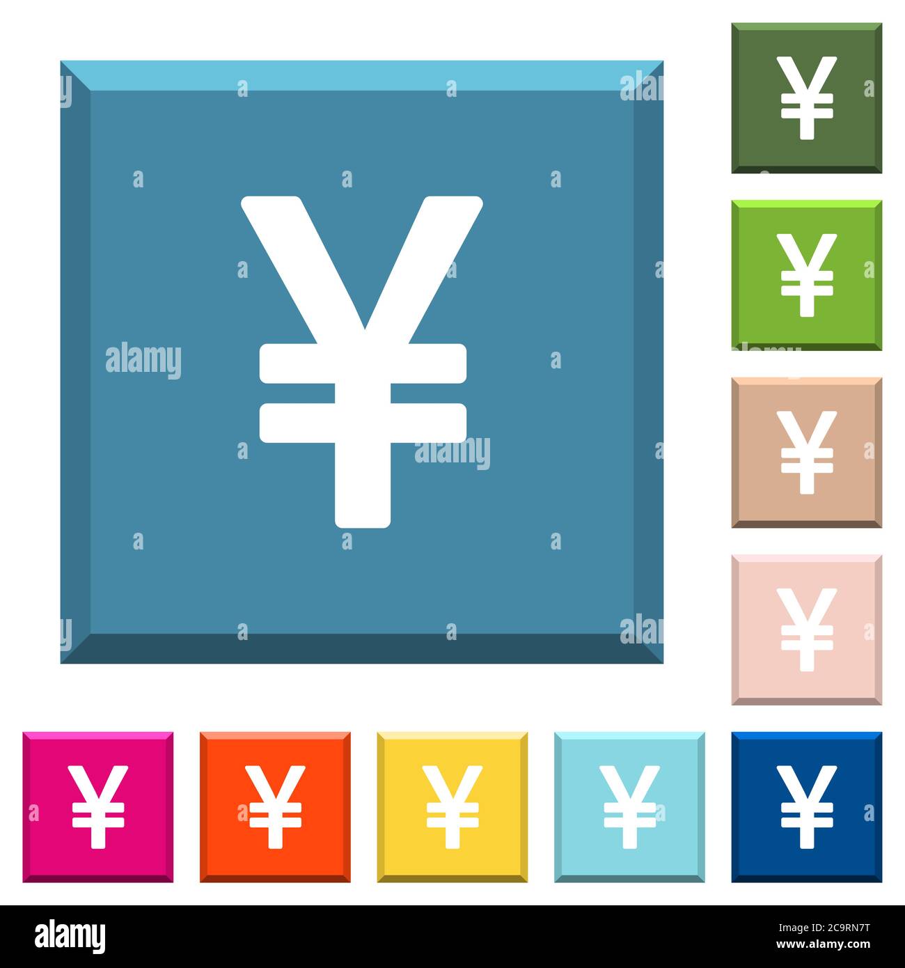 Japanese Yen sign white icons on edged square buttons in various trendy ...