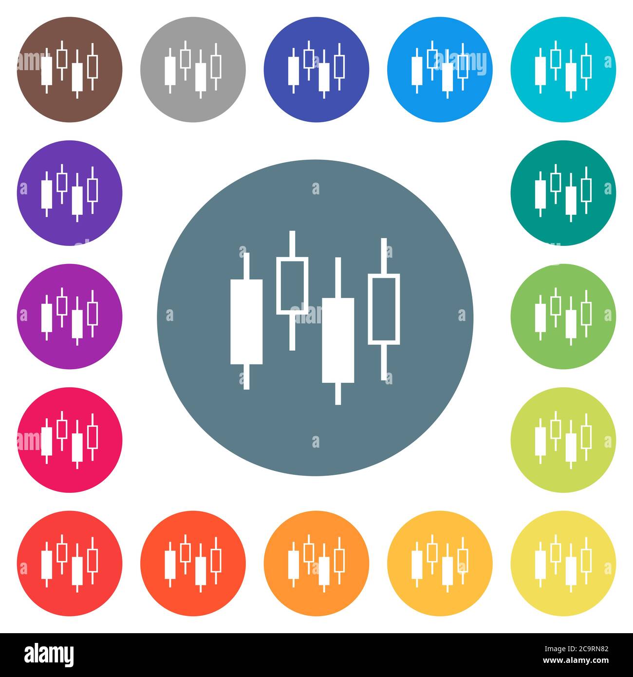 Candlestick chart flat white icons on round color backgrounds. 17 ...
