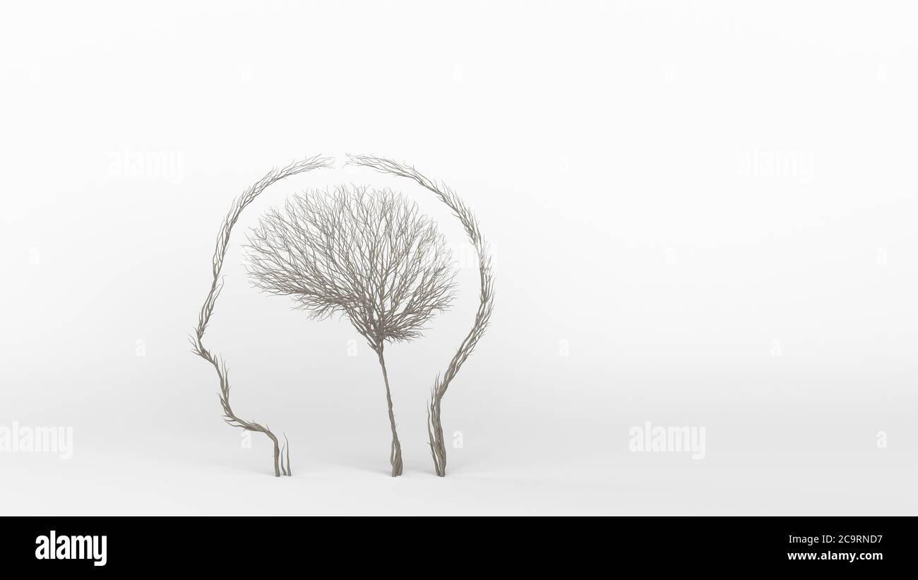 Growing Tree in a shape of human brain inside a head. Eco Concept. 3D ...