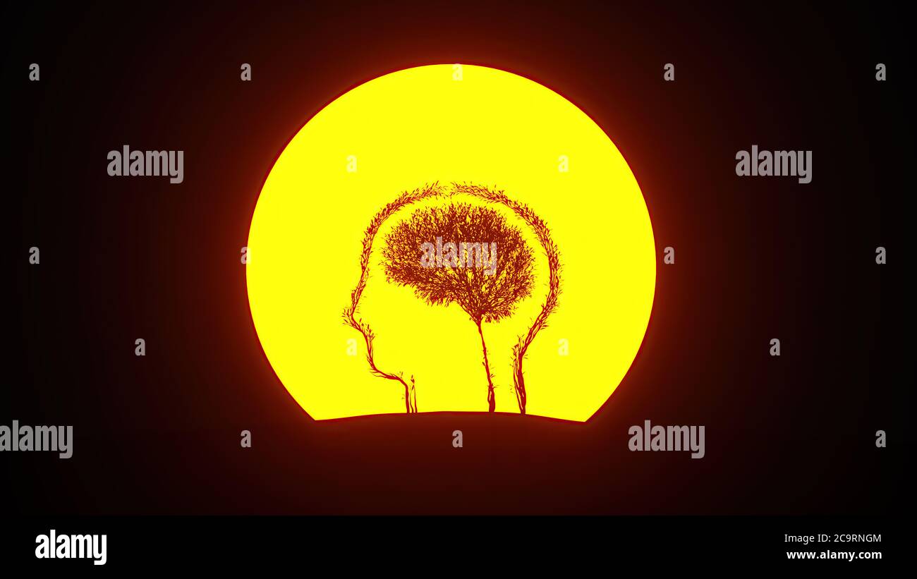 Silhouette of growing tree in a shape of human brain inside a head. Eco ...