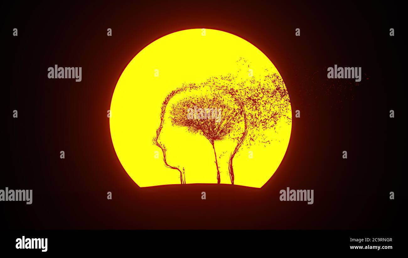 Silhouette of growing tree in a shape of human brain inside a head. Eco ...