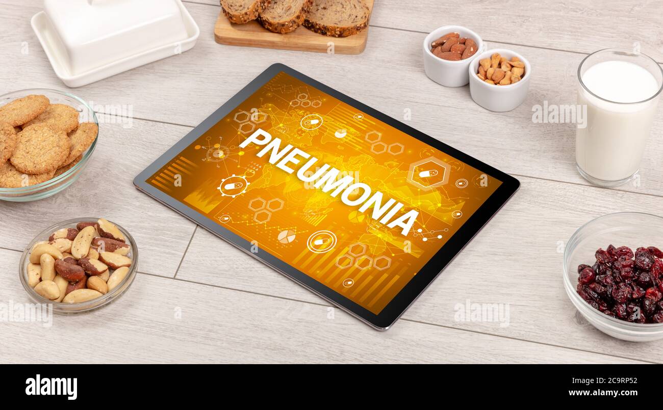 Healthy Tablet Pc compostion with PNEUMONIA inscription, immune system ...