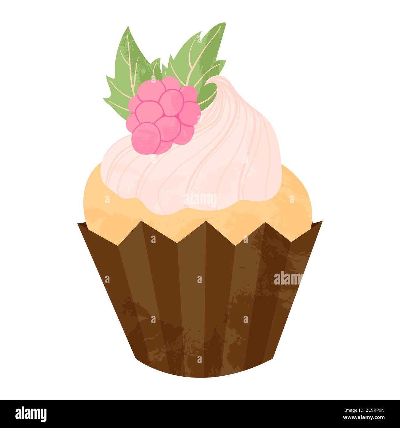 Single hand drawn cupcake or muffin with raspberry and whipped cream ...