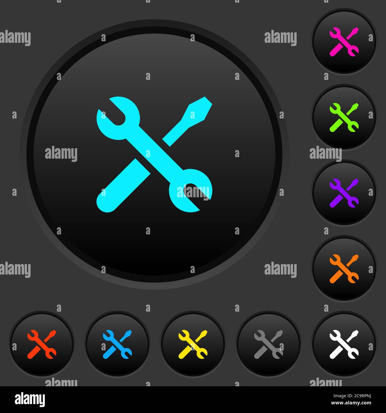 Maintenance dark push buttons with vivid color icons on dark grey ...