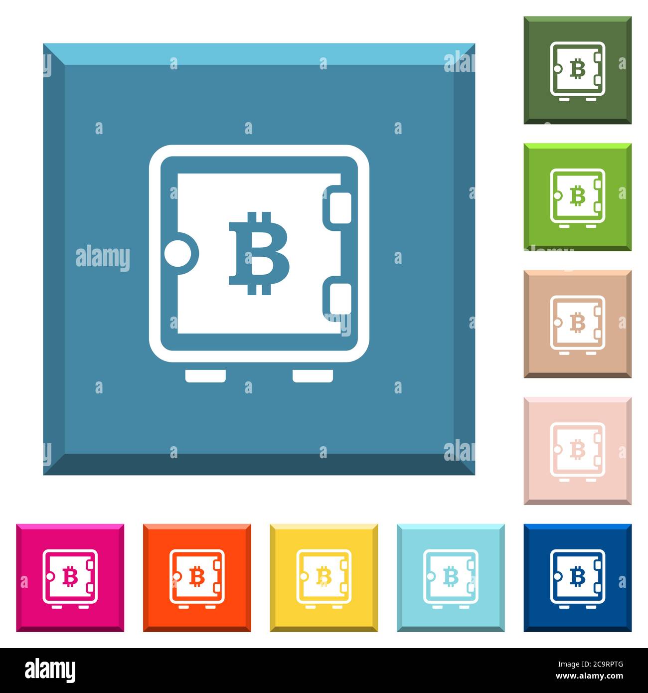 Bitcoin strong box white icons on edged square buttons in various ...