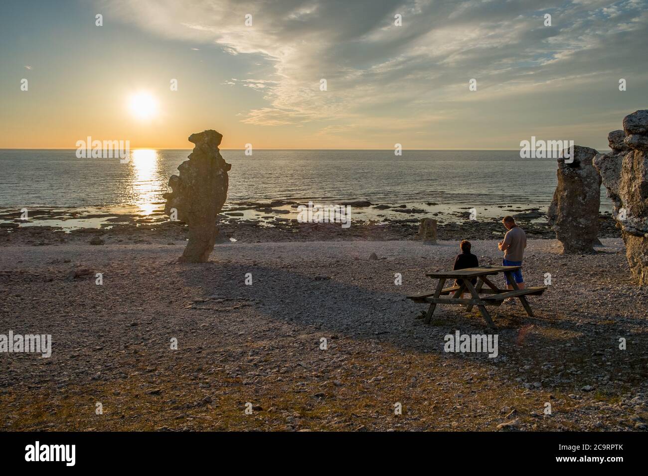 Sunset at Langhammars on Faro island. Langhammars is famous for its ...