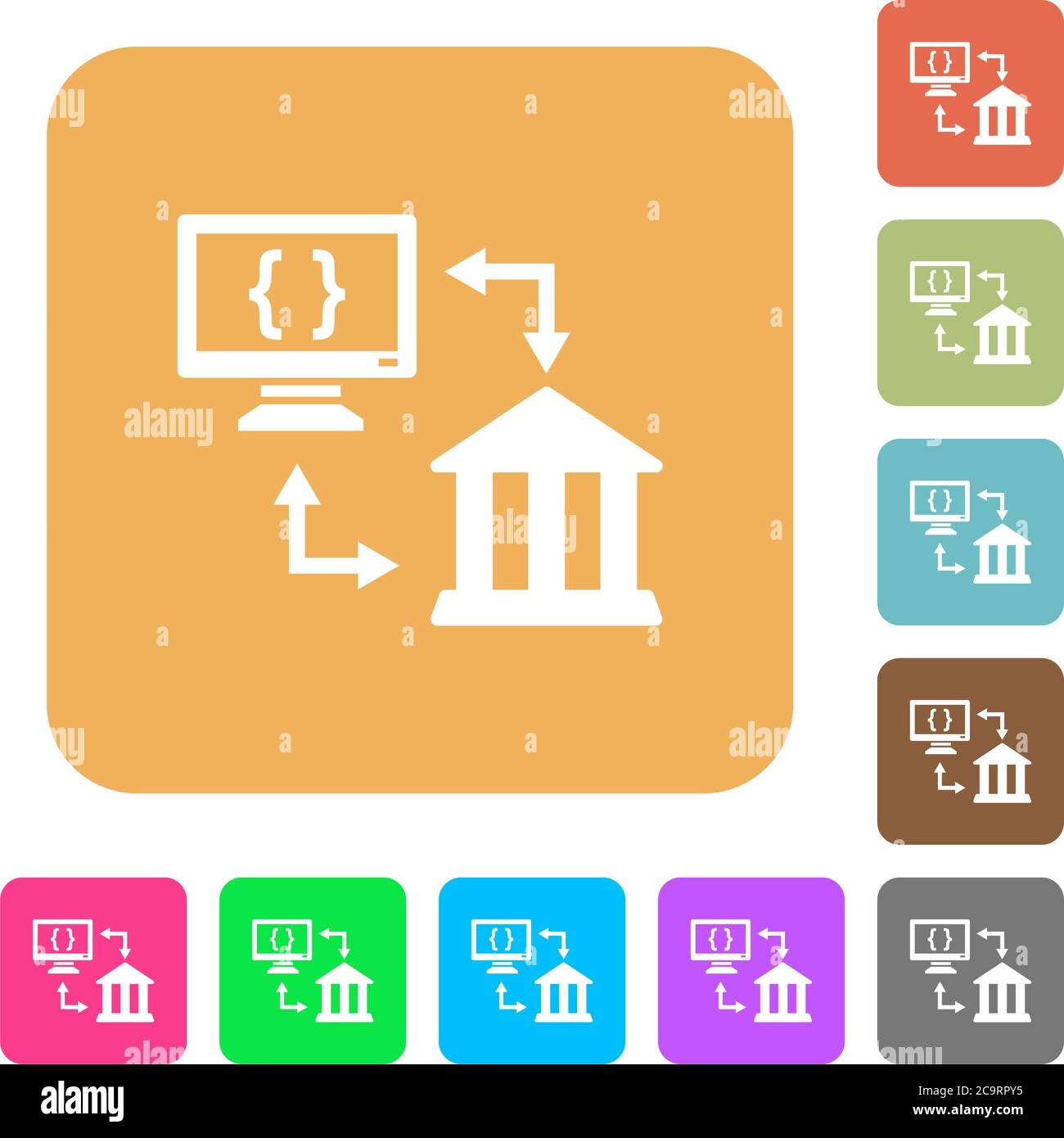 Open banking API flat icons on rounded square vivid color backgrounds ...