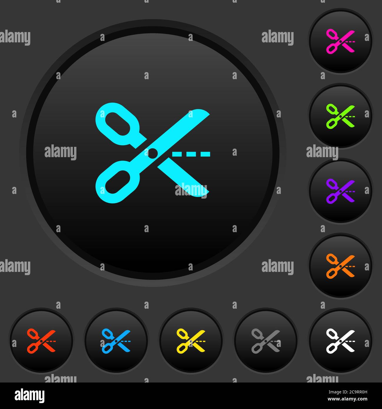 Cut out dark push buttons with vivid color icons on dark grey ...