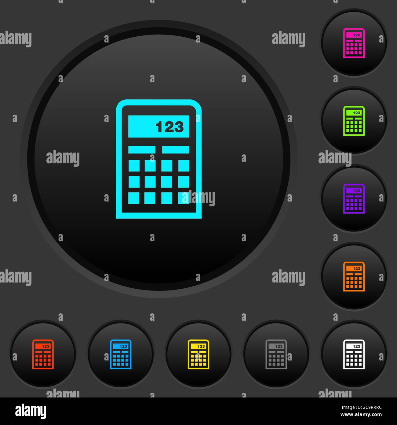 Scientific calculator dark push buttons with vivid color icons on dark ...