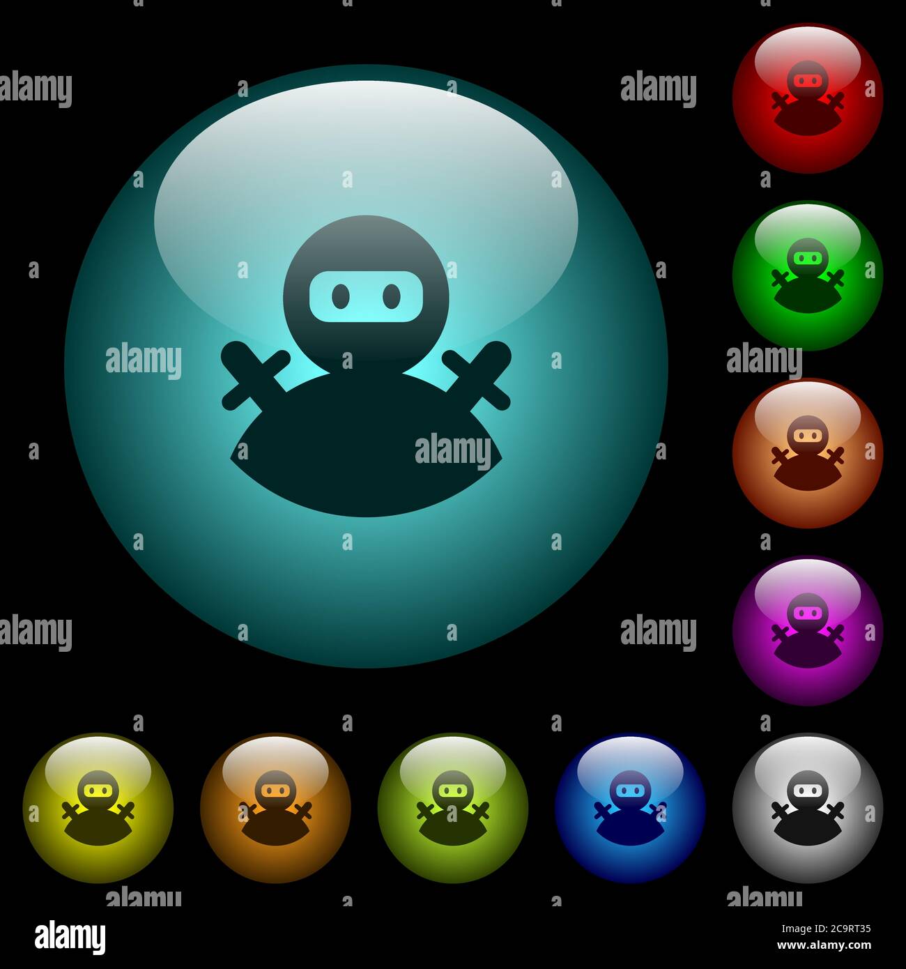 Ninja avatar icons in color illuminated spherical glass buttons on ...