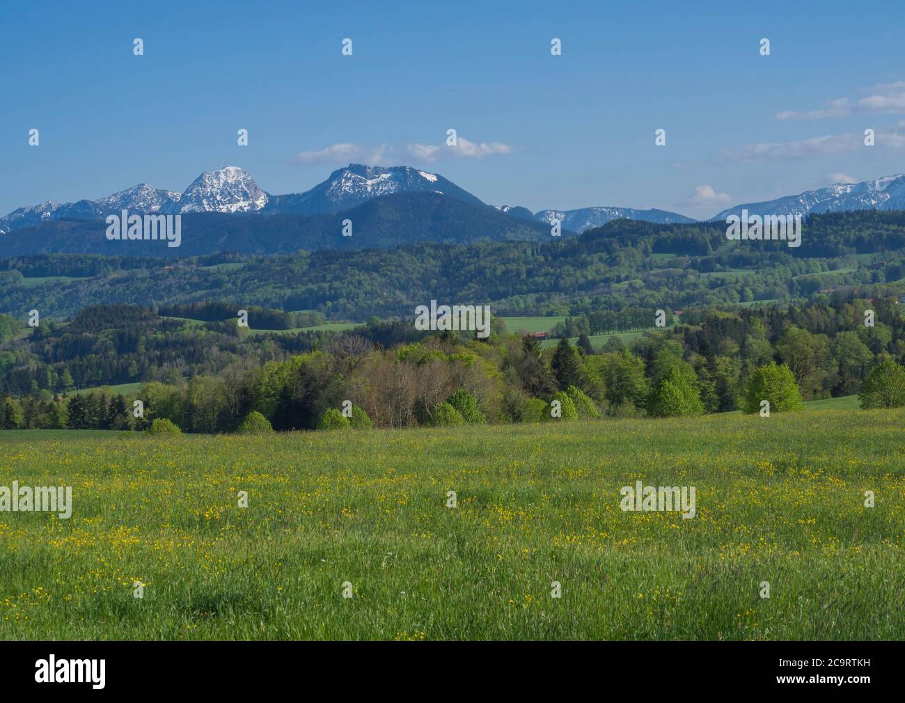 Beautiful spring rural mountain landscape in the Bavarian Alps with ...