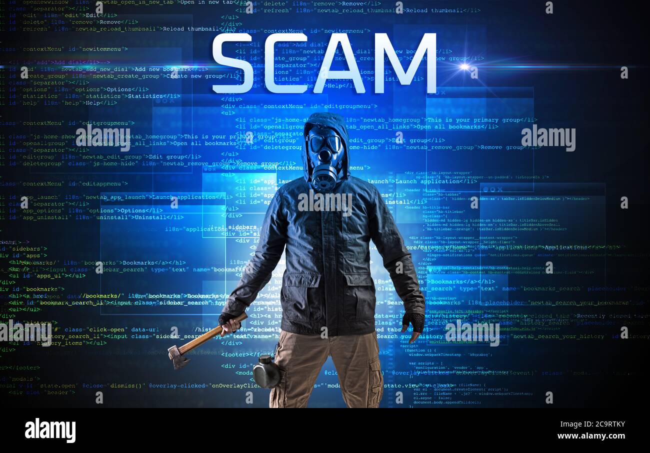 Faceless Hacker With Scam Inscription On A Binary Code Background Stock