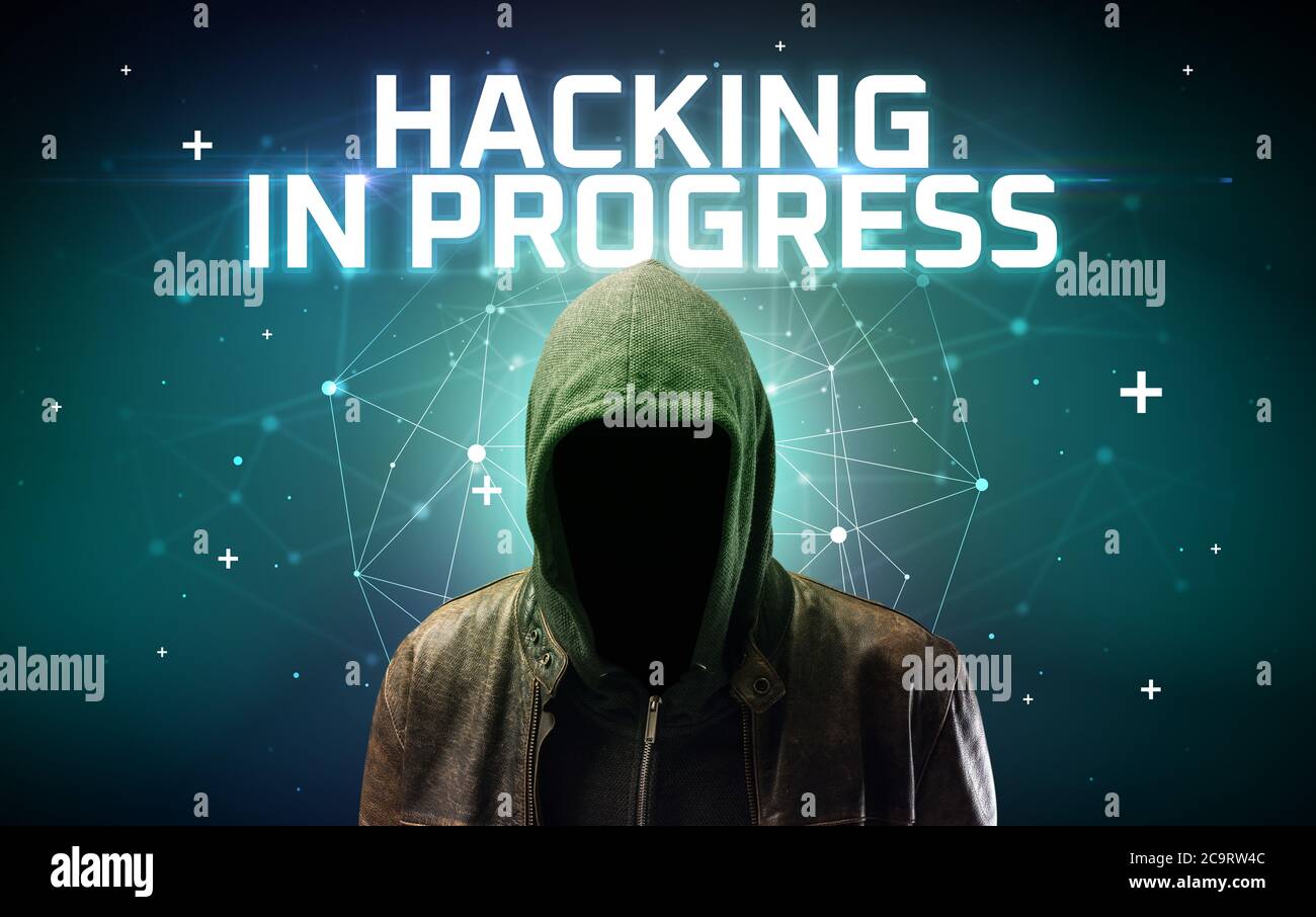 Mysterious hacker with HACKING IN PROGRESS inscription, online attack ...