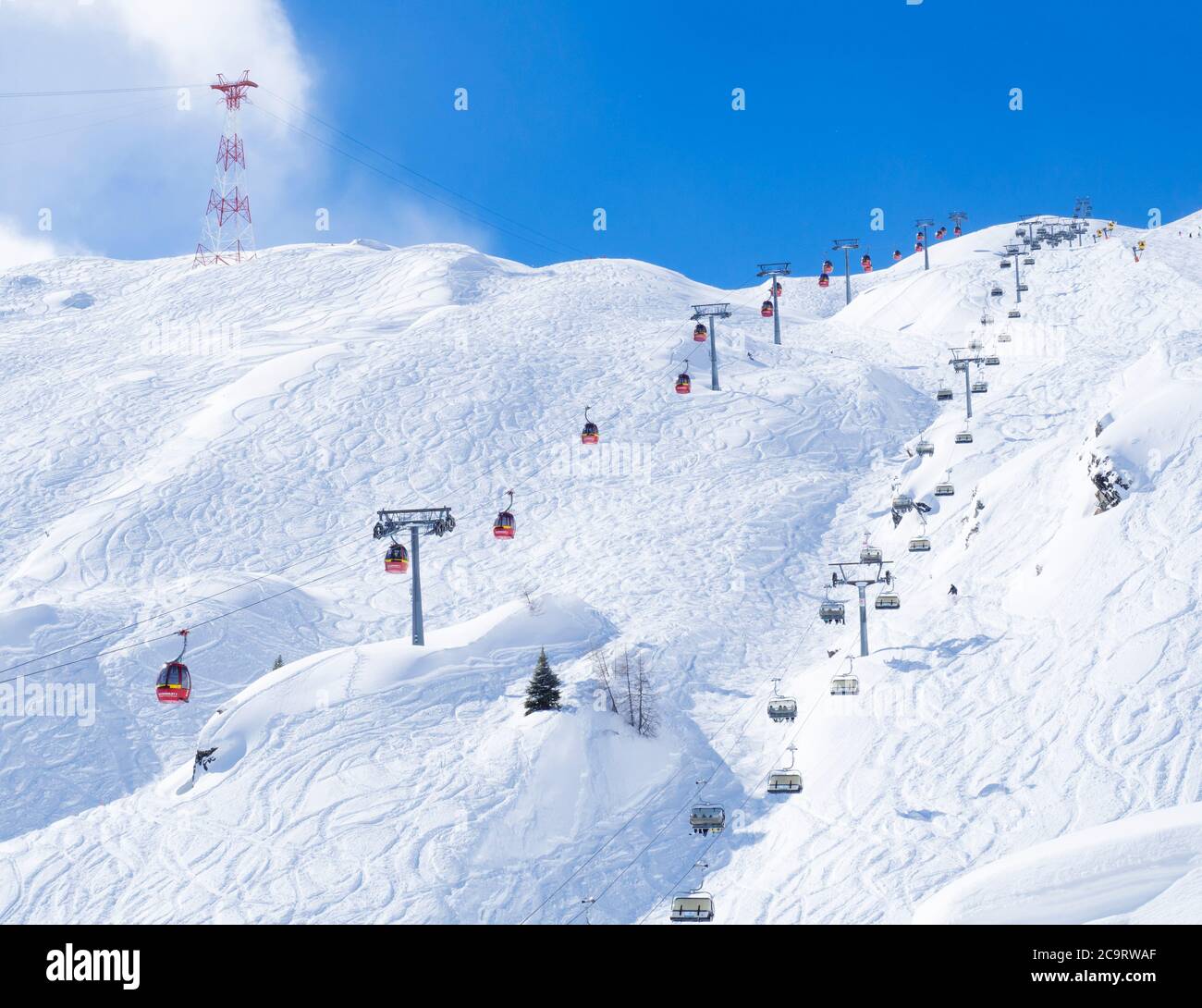 KAPRUN, AUSTRIA, March 12, 2019: Snow covered slopes with red Cable ...