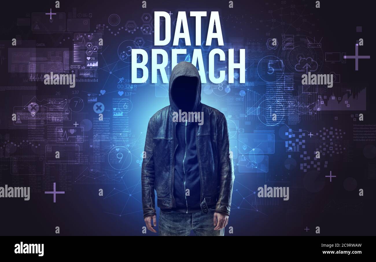 Faceless man with DATA BREACH inscription, online security concept ...