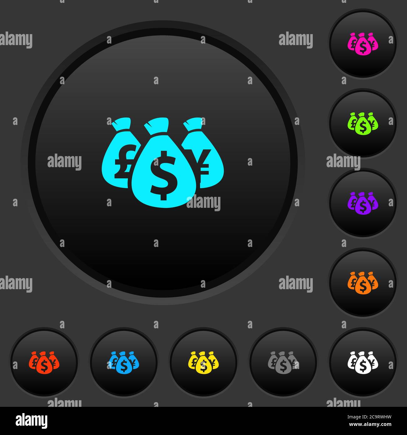 Money bags dark push buttons with vivid color icons on dark grey ...