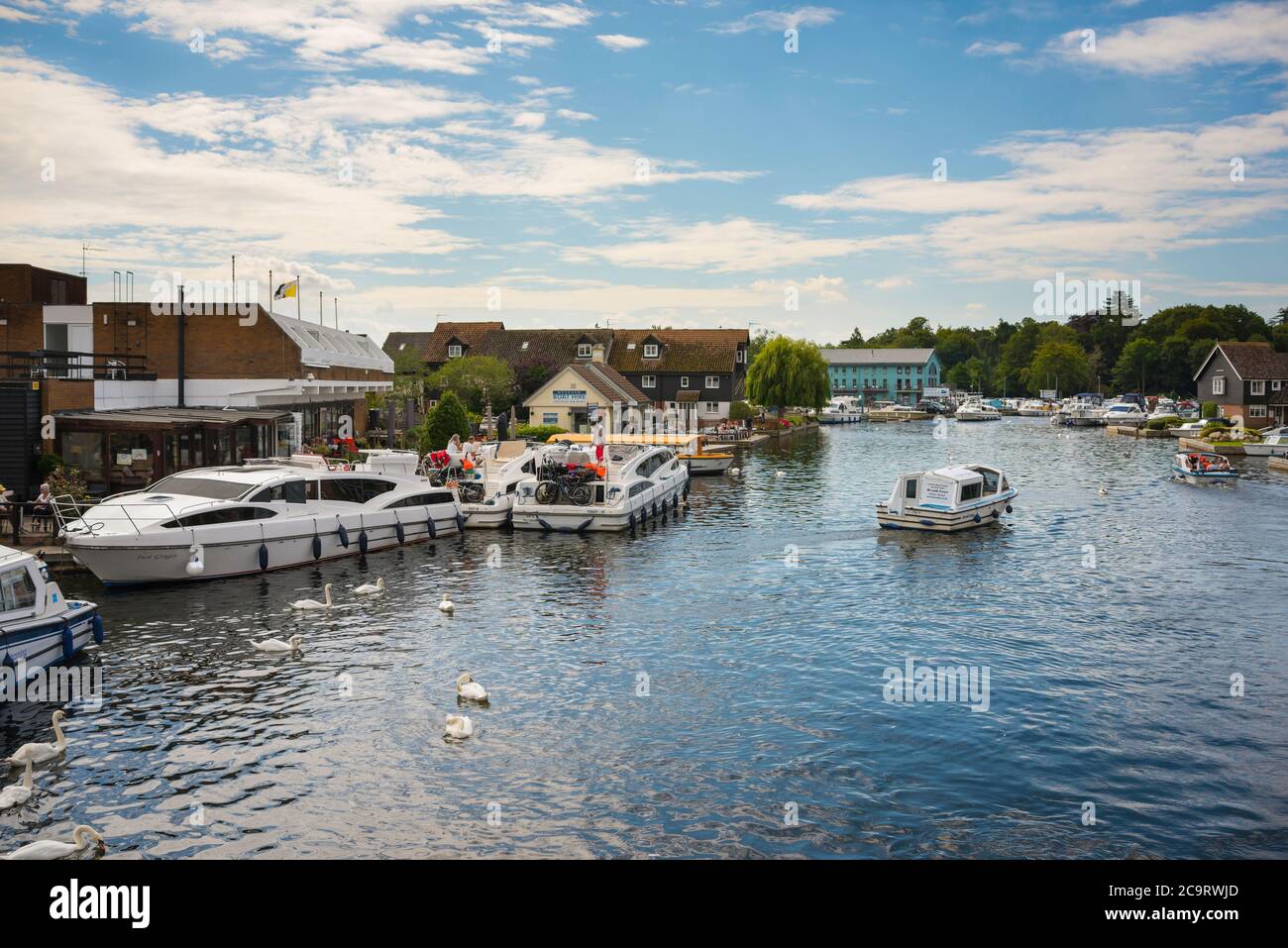 Wroxham Norfolk Broads, view of pleasure boats moored along the River ...