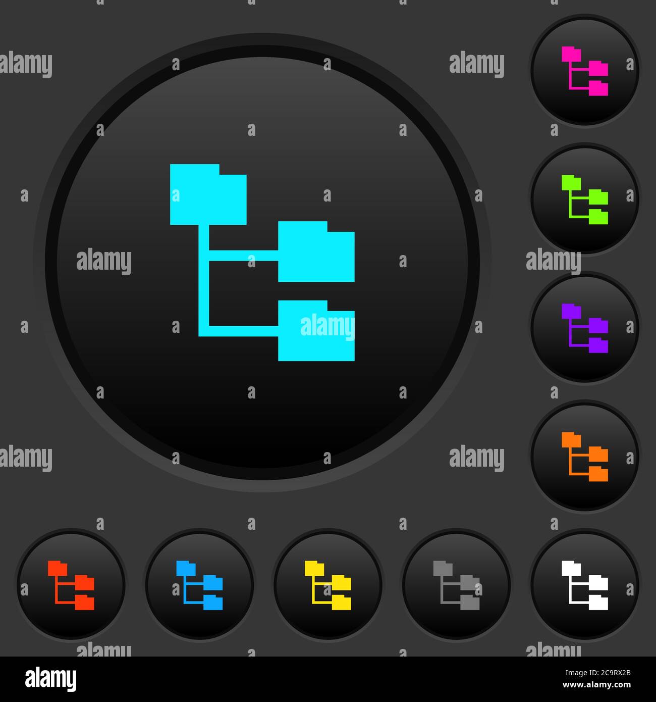 Folder structure dark push buttons with vivid color icons on dark grey ...