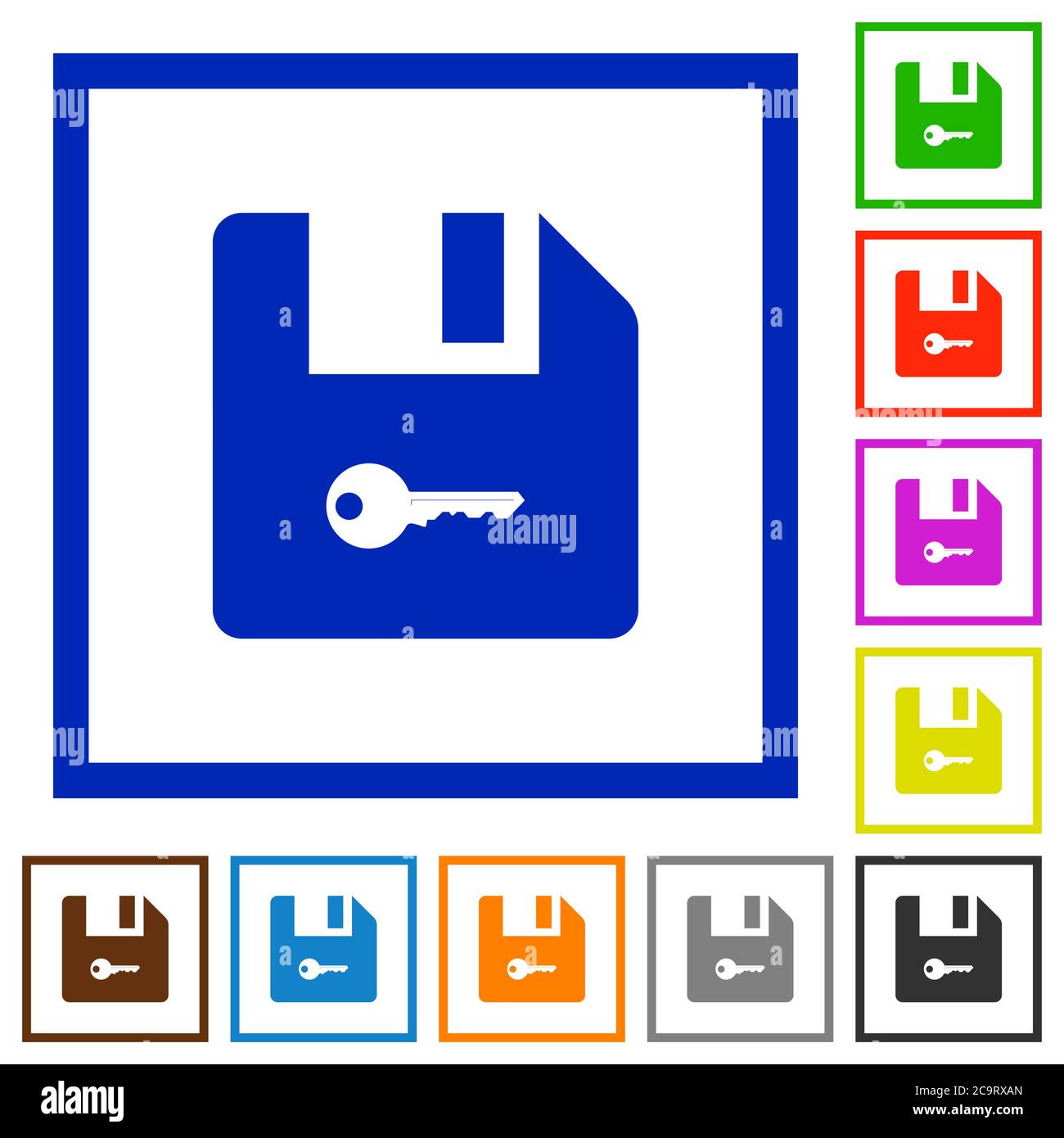 Encrypt file flat color icons in square frames on white background ...