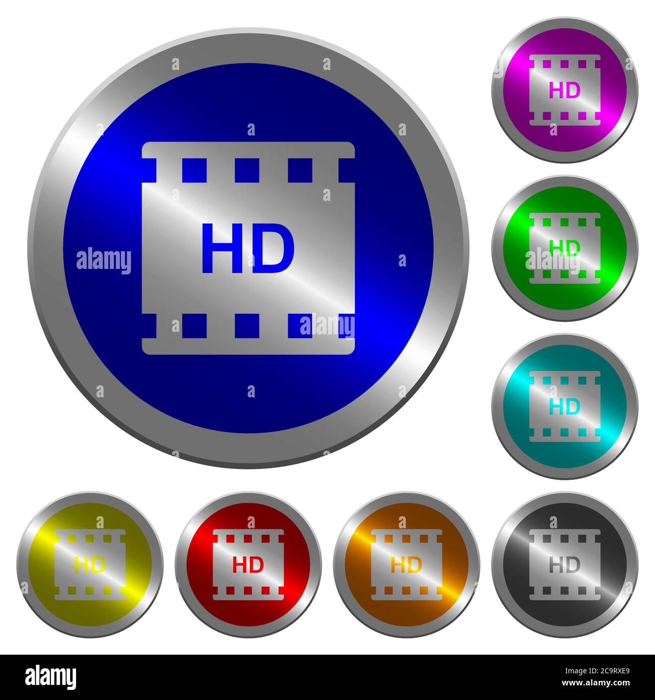 HD movie format icons on round luminous coin-like color steel buttons ...