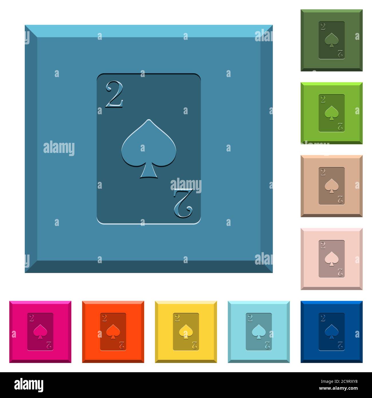 Two of spades card engraved icons on edged square buttons in various ...