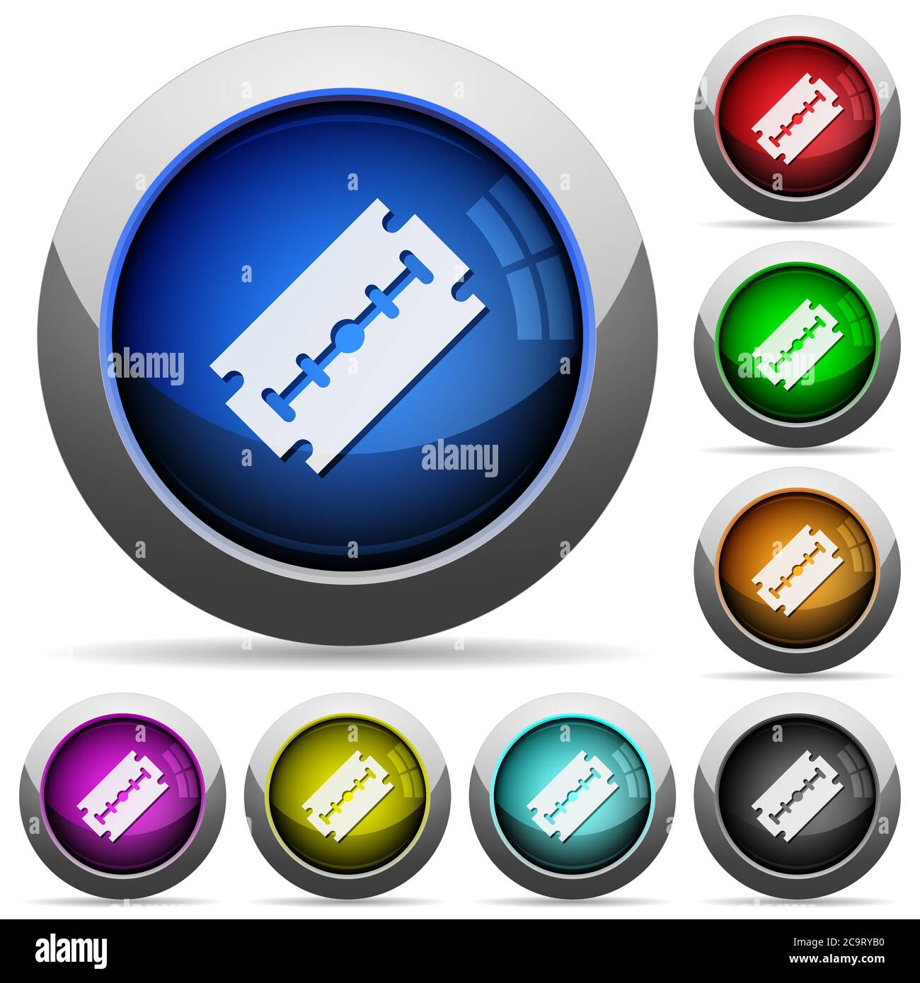 Razor blade icons in round glossy buttons with steel frames Stock ...