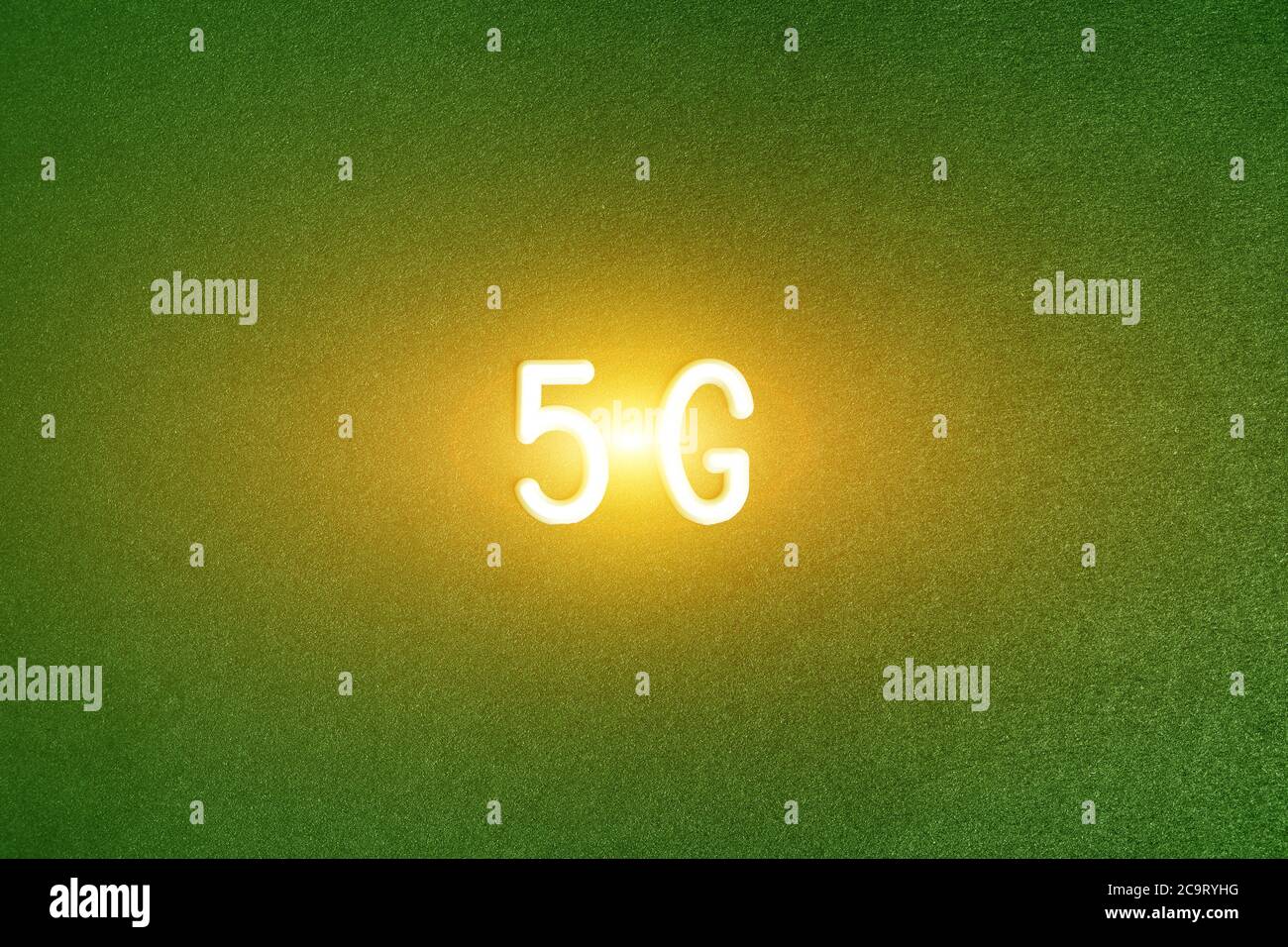 Logo of 5G networks on a green background with a bright warm light ...