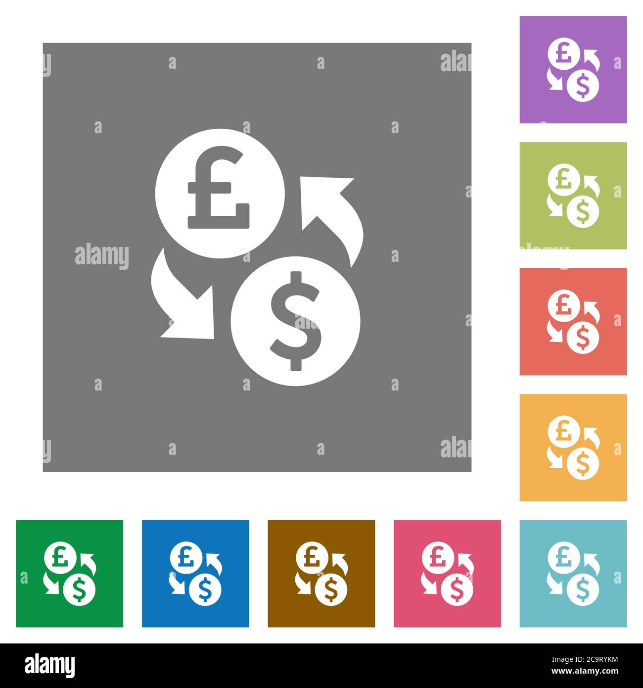 Pound Dollar money exchange flat icons on simple color square ...