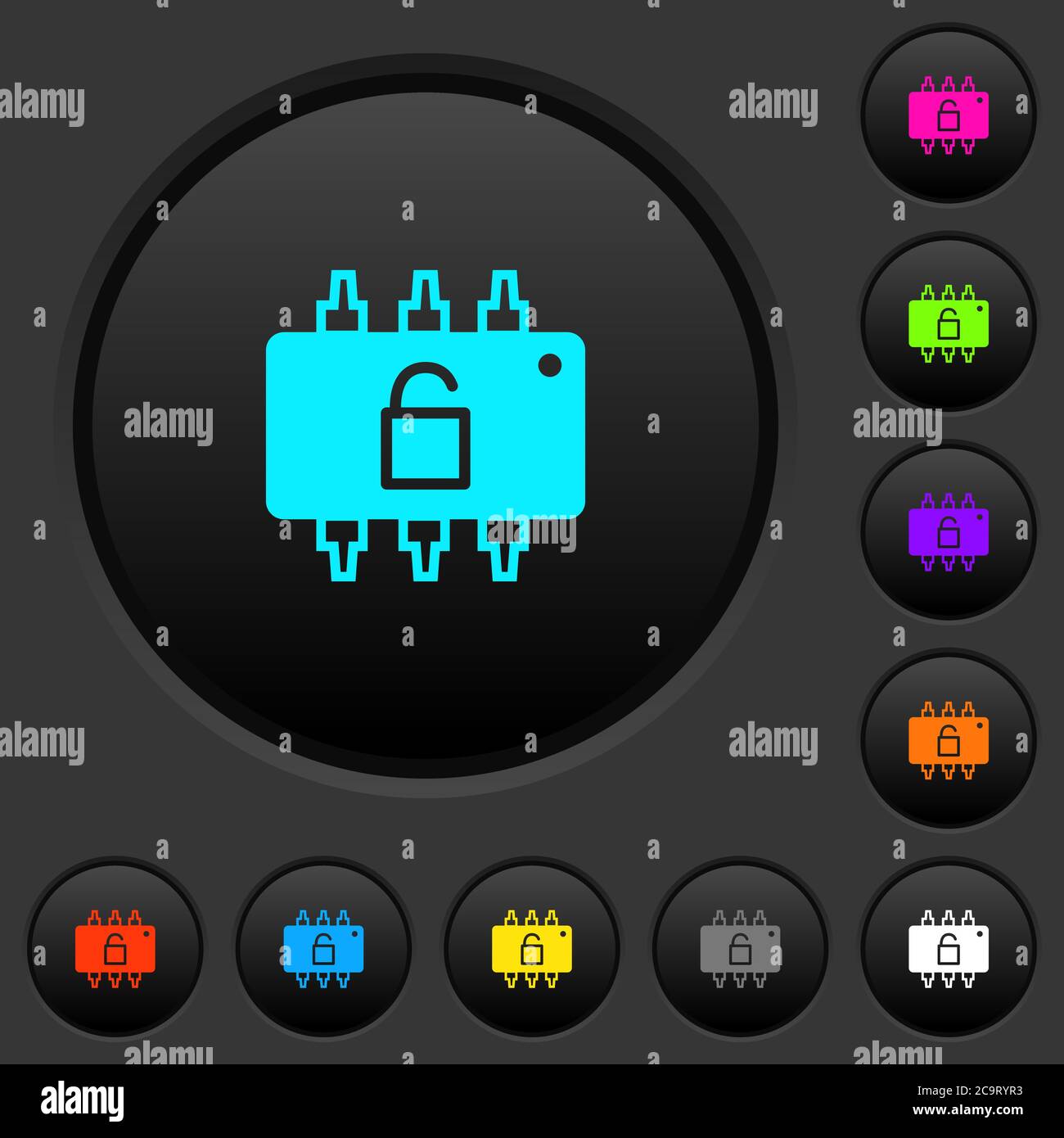 Hardware unlocked dark push buttons with vivid color icons on dark grey ...