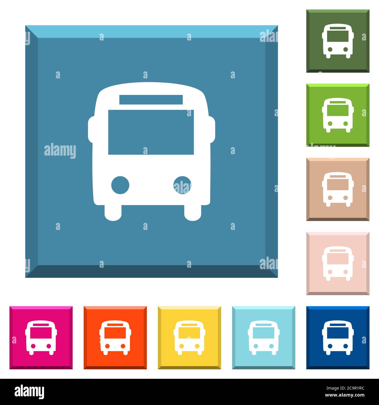 Bus white icons on edged square buttons in various trendy colors Stock ...