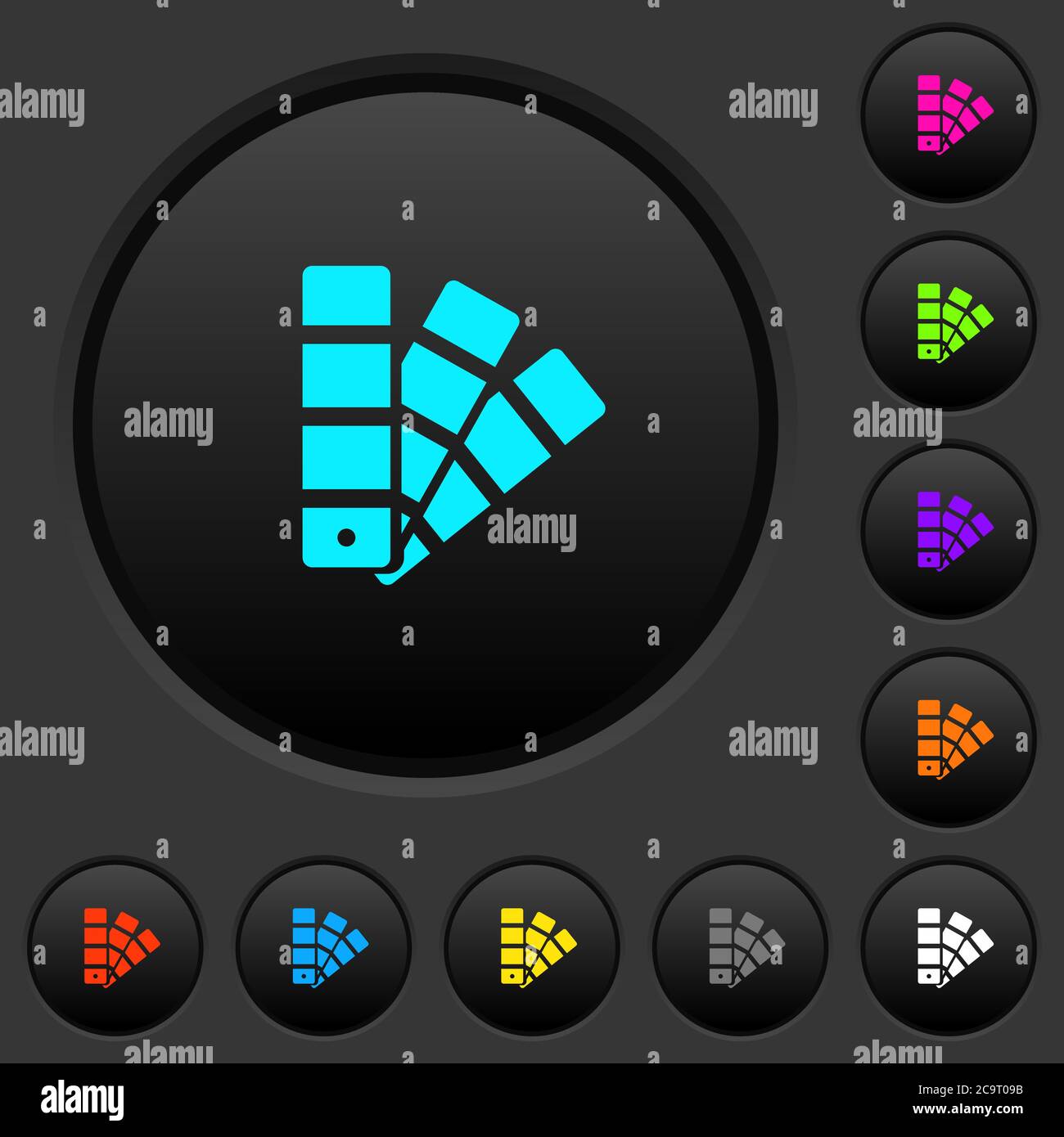 Color swatch dark push buttons with vivid color icons on dark grey ...