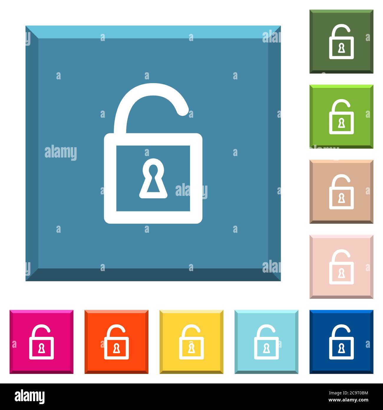 Unlocked padlock with keyhole white icons on edged square buttons in ...