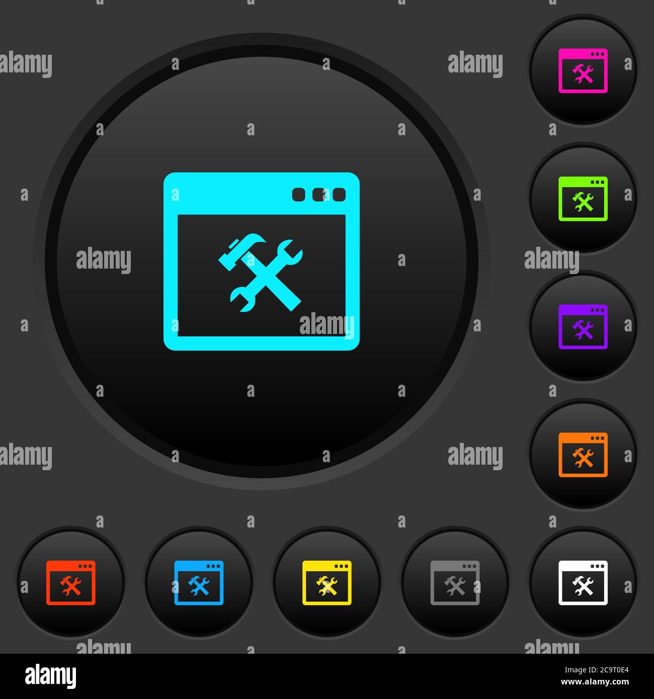 Application tools dark push buttons with vivid color icons on dark grey ...