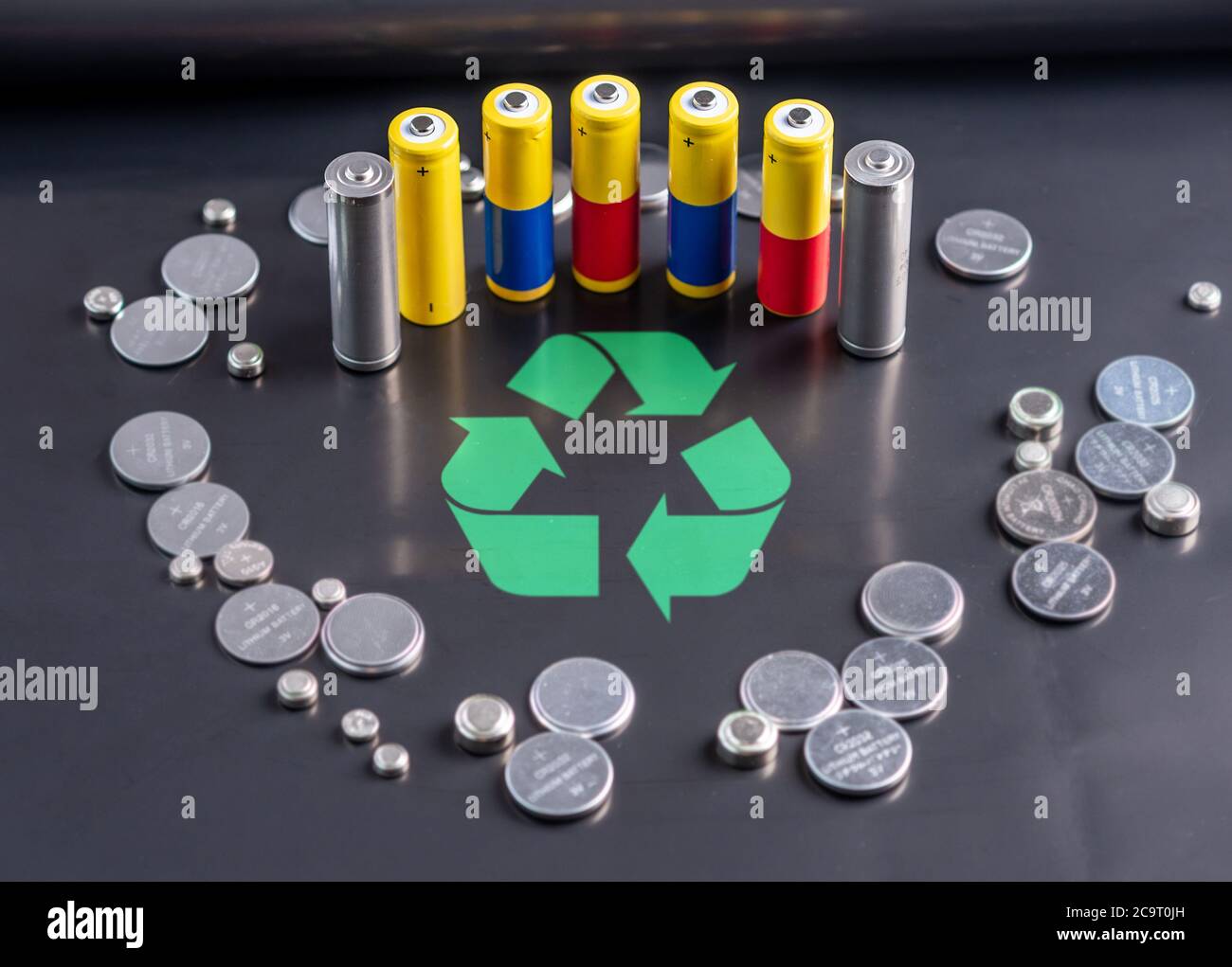 Used batteries and recycling symbol. Concept of ecological safety and ...