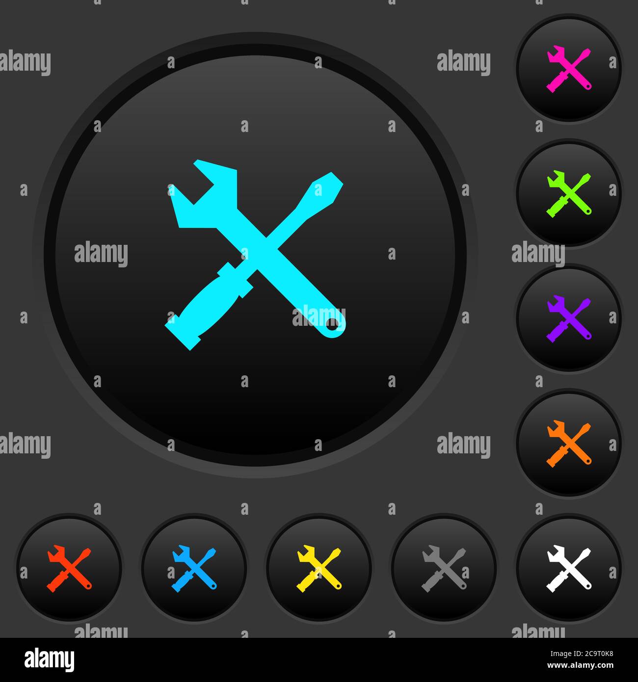 Tool kit dark push buttons with vivid color icons on dark grey ...