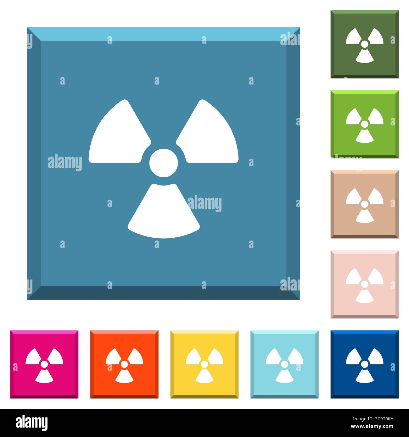 Radiation white icons on edged square buttons in various trendy colors ...