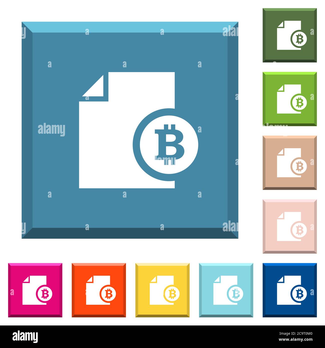 Bitcoin financial report white icons on edged square buttons in various ...