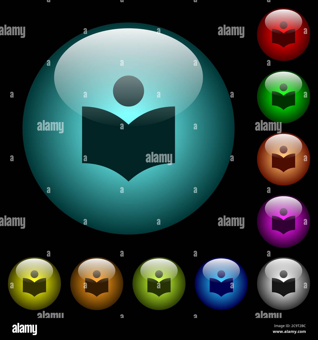 Library icons in color illuminated spherical glass buttons on black ...