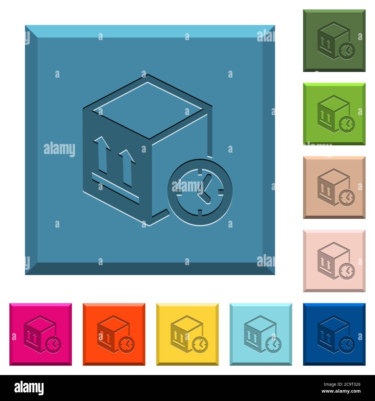 Package shipping time engraved icons on edged square buttons in various ...
